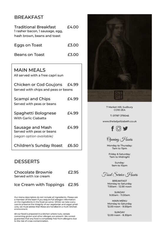 Menus - The Lady Elizabeth