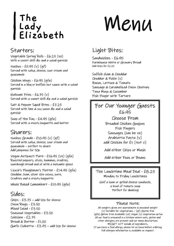Menus - The Lady Elizabeth