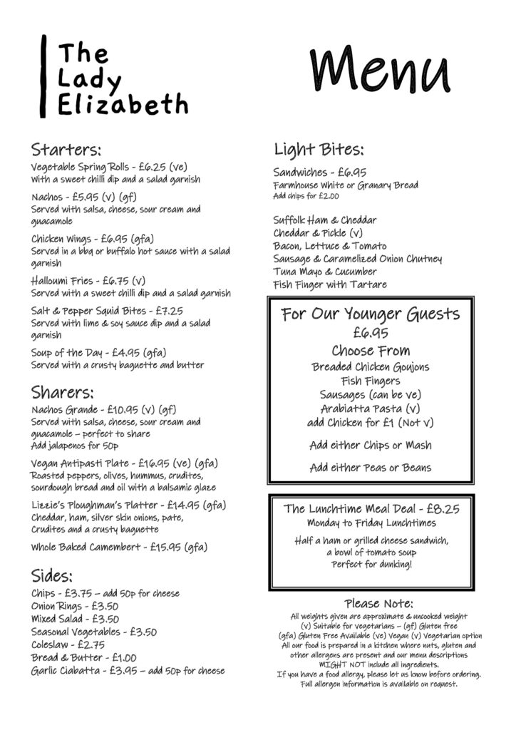 Menus - The Lady Elizabeth