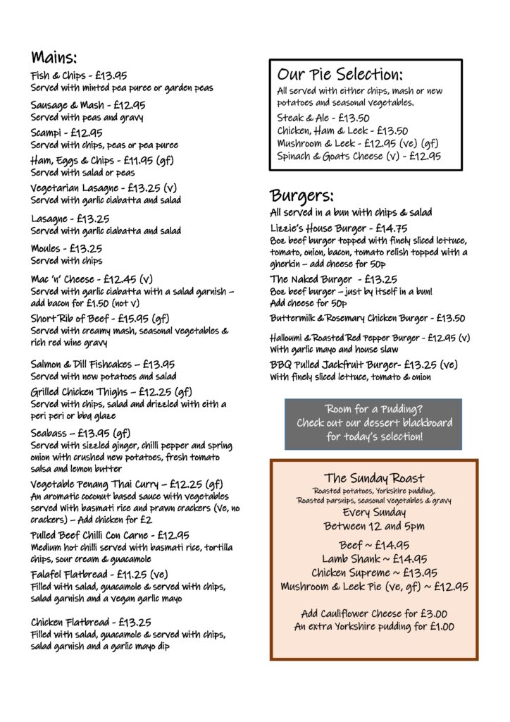 Menus - The Lady Elizabeth