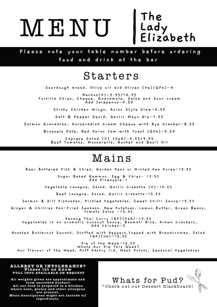 Menus - The Lady Elizabeth