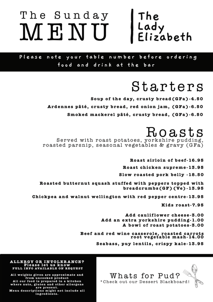 Menus - The Lady Elizabeth